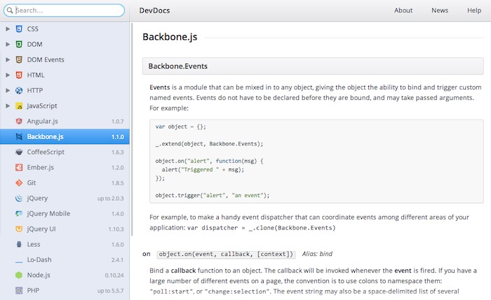 DevDocs, repositorio de documentación para programadores